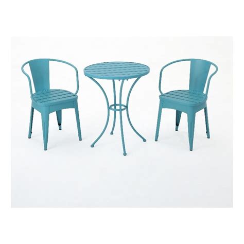 Benjara Rune Outdoor Bistro Table Set 2 Chairs Round Slatted Teal Blue Iron