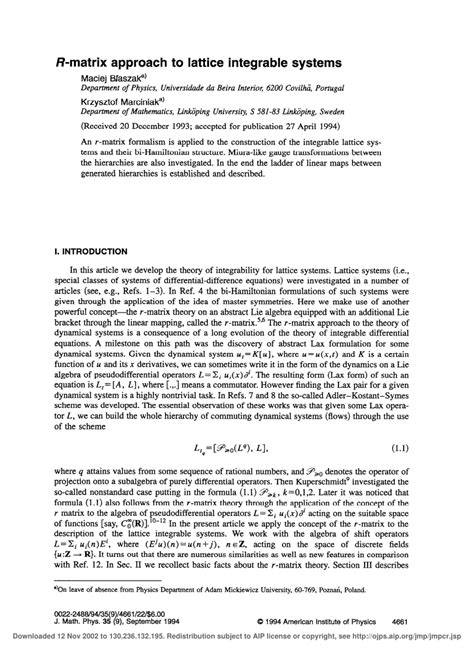 Pdf R‐matrix Approach To Lattice Integrable Systems