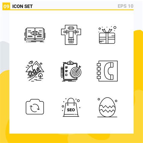 Móvil Interfaz Contorno Conjunto De 9 9 Pictogramas De Montaña árbol