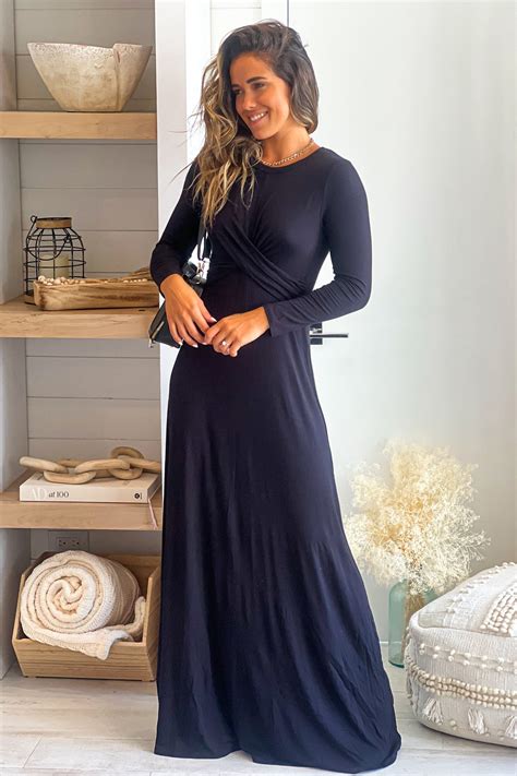 Black Maxi Dress With Long Sleeves And Twisted Front Black Long Dress
