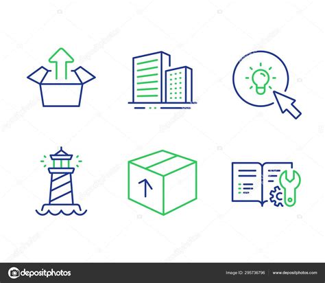 Energy Buildings And Lighthouse Icons Set Package Send Box And Engineering Documentation