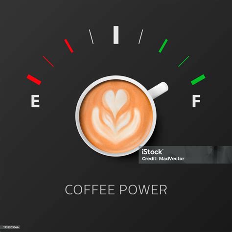 커피 파워 벡터 3d 사실적인 흰색 머그잔 우유 거품 커피와 연료 게이지 바푸치노 라떼 커피 컵 컨셉 배너 디자인 템플릿입니다