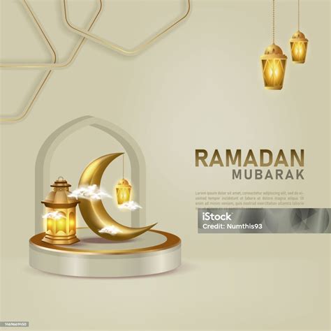 황금빛 달과 등불이 연단 무대 라마단 무바라크 배경에 있다 이슬람 3d 렌더링 아트 0명에 대한 스톡 벡터 아트 및 기타 이미지 0명 강단 공휴일 Istock