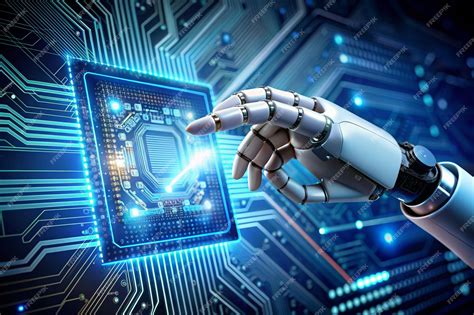 Machine Learning Hand Robot Touching Computer Chip And Binary Data