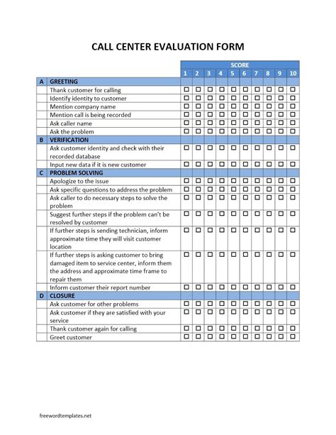 call center evaluation form template contact center customer service