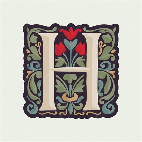 Premium Vector H Letter Illuminated Initial With Curve Leaf Ornament And Tulips Medieval Dim