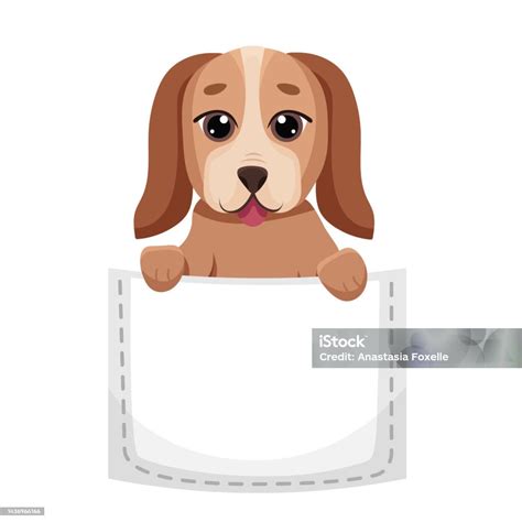 주머니에 귀여운 강아지 티셔츠 디자인 아이 인쇄 베이비 샤워 초대에 대 한 재미 있고 행복한 강아지와 행복 합니다 벡터 만화 그림 0명에 대한 스톡 벡터 아트 및 기타