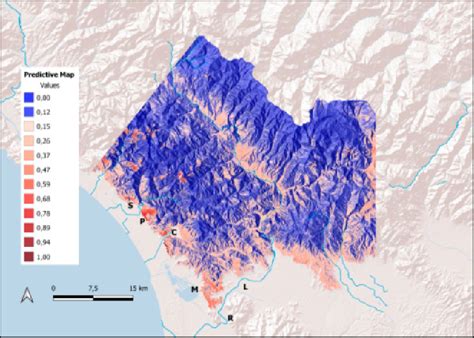 − predictive map derived from model 1a with locations mentioned in the