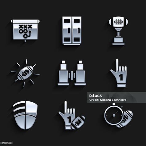 쌍안경 손가락을 들고 미식 축구 공 미식 축구 스톱워치 클럽 로고 템플릿 수상 컵 및 계획 전략 개념 아이콘으로 1 번 팬 핸드 글러브를 설정합니다 벡터 계획에 대한 스톡