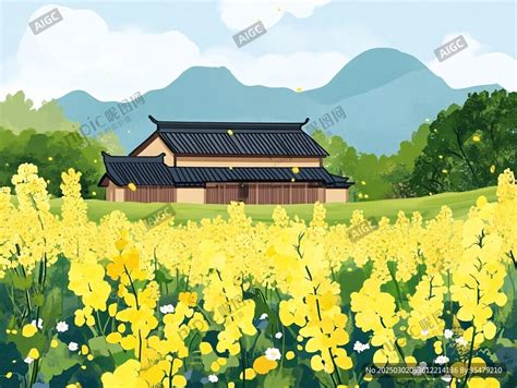 Ai创作图油菜花 乡村 田野 山脉 房屋 绿色 自然 宁静 春天 农业 风景 插画 数字艺术 鲜艳色彩 昵图网