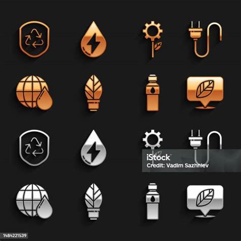 잎 전기 플러그 위치 물병 지구 행성 드롭 잎 식물 기어 기계 방패 내부의 재활용 기호 및 물 에너지 아이콘으로 전구를 설정합니다 벡터 0명에 대한 스톡 벡터 아트 및 기타