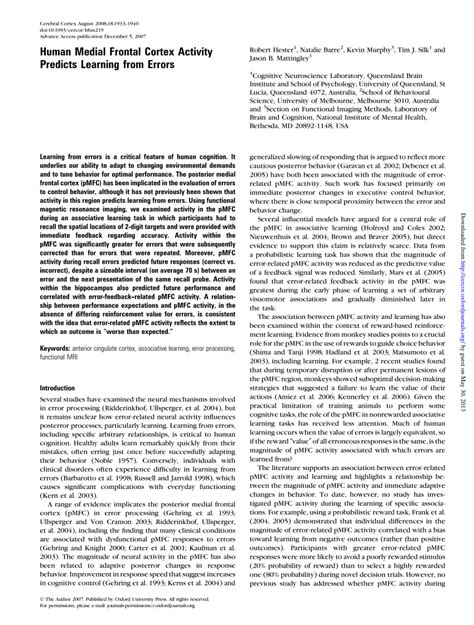 Pdf Human Medial Frontal Cortex Activity Predicts Learning From Errors
