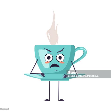 화가 감정 얼굴 팔과 다리와 차 캐릭터의 귀여운 컵 카페를 위한 접시를 가진 재미 있거나 심술궂은 머그잔 가공의 인물에 대한 스톡 벡터 아트 및 기타 이미지 Istock