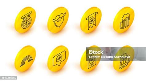 세트 라인 나무 맥주 잔 성 패트릭 데이 전단지 팜플렛 엽서 네 잎 클로버 말풍선 레인보우 파티 페넌트 콧수염 수염 4 개의 아이콘이있는 거리 간판 벡터 3차원 형태에 대한