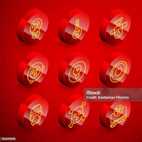 세트 라인 방사성 기상 온도계 산업 파이프 및 밸브 아이디어 개념의 전구 전원 버튼 원자로 작업자 및 뼈 두개골 경고 아이콘