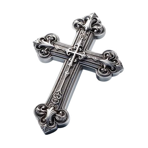 Decorative Silver Cross With Intricate Floral Patterns And A Detailed Design Resting On Soft