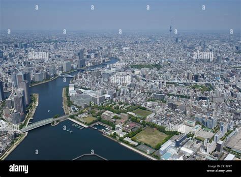 Etchujima Station Aerial Shot View From The South Side Towards The Sky