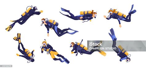 해저에 잠수할 준비를 하는 스쿠버 다이빙 다양한 위치에 있는 여성 및 남성 다이버 세트 탐험과 개발의 개념 흰색 배경에 고립되어 있습니다 벡터 일러스트 레이 션 스쿠버