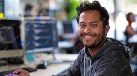 premium photo smiling male software developer at office workspace portrait