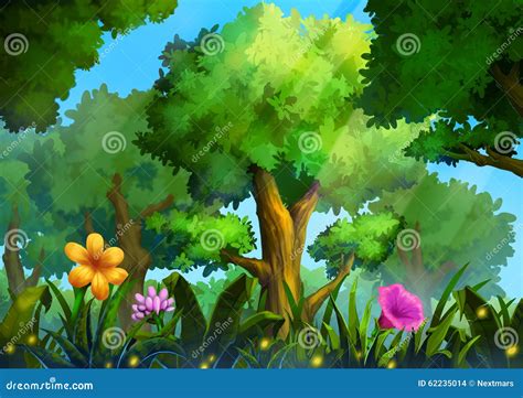 Illustration Green Forest With Deep Grass And Magical Flowers Stock