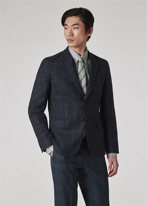 Tailored Fit Navy Wool Linen Check Blazer