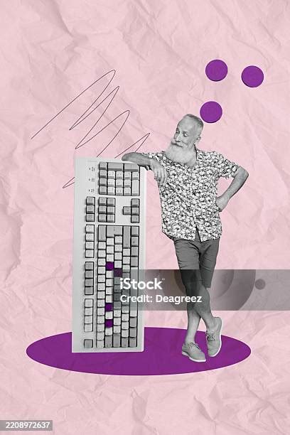 현대 미술 이미지 콜라주 행복 사업가 스탠드 키패드 무선 장치 프리랜서 도구 데스크탑 전자 Qwerty 55 59세에 대한 스톡 사진 및 기타 이미지 Istock