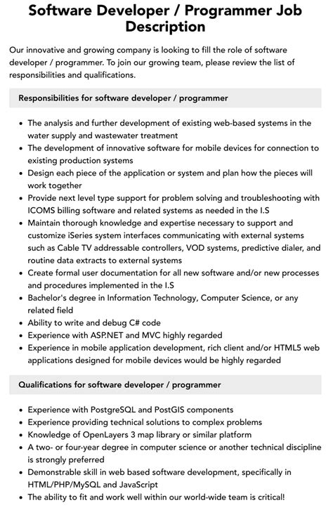 Software Developer Programmer Job Description Velvet Jobs