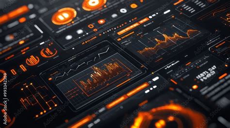 Futuristic data dashboard with glowing orange and black interface ...