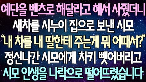 반전 사연 예단을 벤츠로 해달라고 해서 사줬더니 새차 탁송을 시누이 집으로 보낸 시모 정신나간 시모에게 차키 뺏어버리고 시모 인생을 나락으로 떨어뜨렸습니다 사이다사연