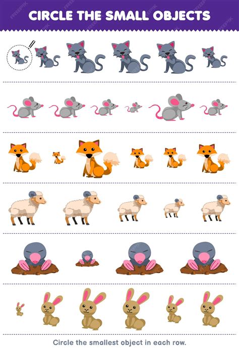 어린이를 위한 교육 게임은 귀여운 만화 고양이 마우스 여우 양 두더지 토끼 인쇄 가능한 농장 워크시트의 각 행에서 가장 작은
