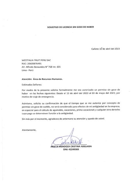 Licencia Sin Goce De Haber Arista Mendoza Cristina Pdf