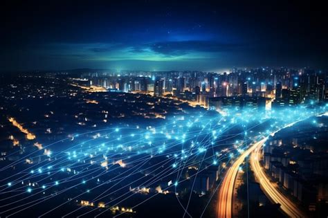 Premium Photo Modern City At Night With Network Connection Concept 3d Rendering