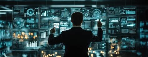 Businessman Analyzing Data On Large Interactive Screens Premium Ai Generated Image