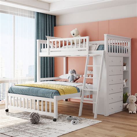 Bellemave Wood Twin Full Bunk Bed With Storage Drawers And Shelves