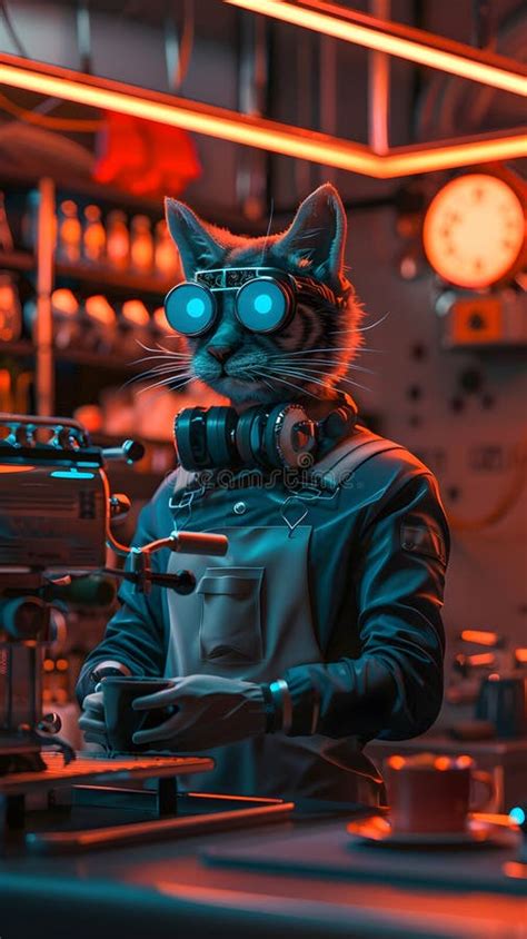 Cat Man Barista Portrait Of A Cat Man Barista Stock Illustration