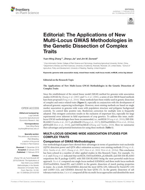 Pdf Editorial The Applications Of New Multi Locus Gwas Methodologies
