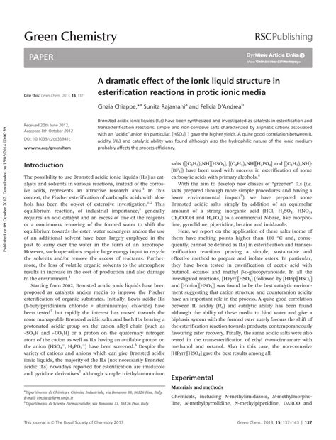 Pdf A Dramatic Effect Of The Ionic Liquid Structure In Esterification