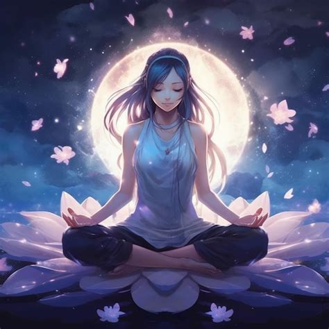 Anime Girl Sitting In Lotus Position With Eyes Closed And Butterflies