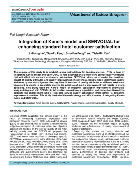 Pdf Integration Of Kanos Model And Servqual For Enhancing Standard Hotel Customer Satisfaction