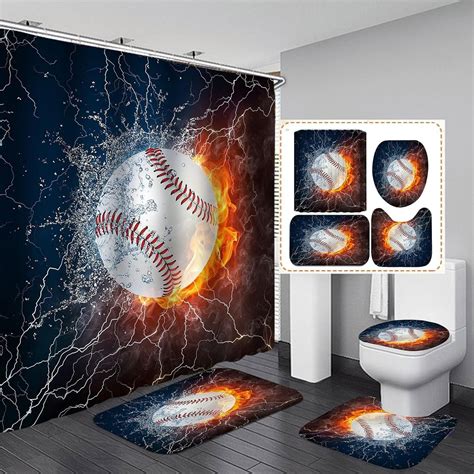 4pcs Sport Shower Curtain Set Basketball Soccer Football Baseball