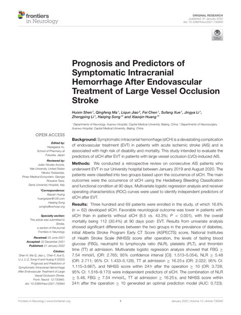 Pdf Prognosis And Predictors Of Symptomatic Intracranial Hemorrhage After Endovascular