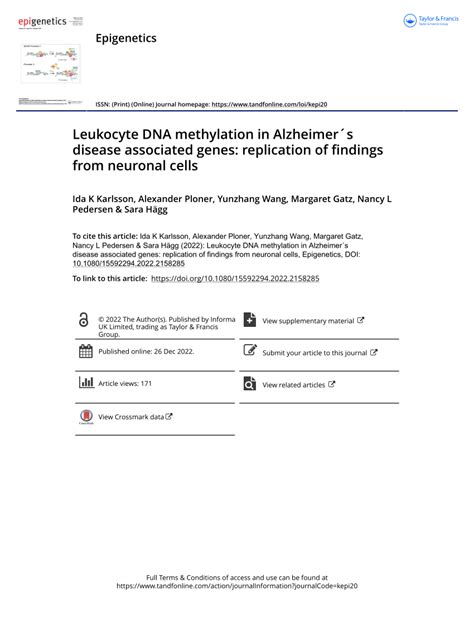 Pdf Leukocyte Dna Methylation In Alzheimer´s Disease Associated Genes