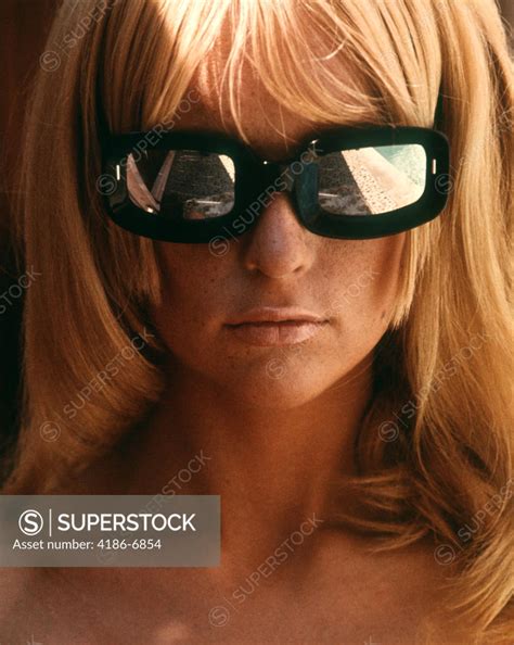 1970s Blond Woman Face Freckles Sunglasses Reflecting Swimming Pool