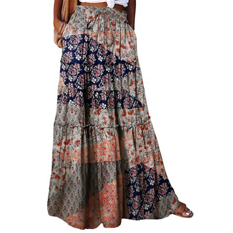 Womens Western Print Maxi Skirts Elastic High Waist Pleated A Line