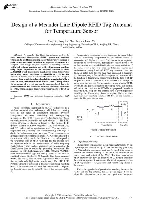 Pdf Design Of A Meander Line Dipole Rfid Tag Antenna For Temperature Sensor