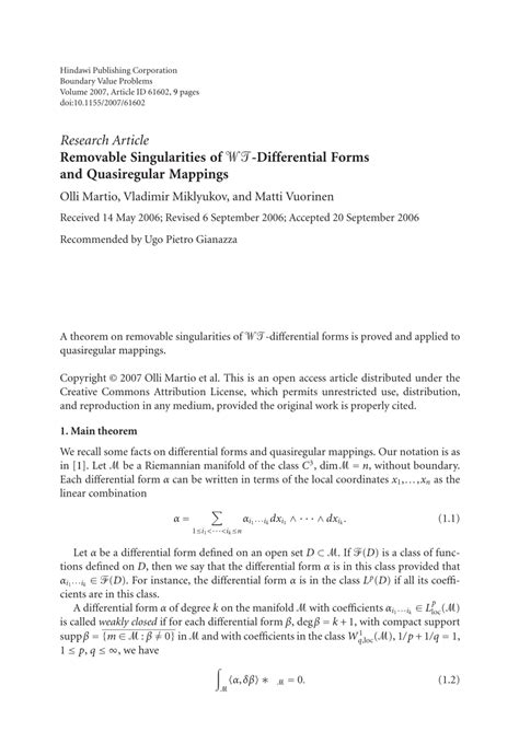 Pdf Removable Singularities Of 풲풯 Differential Forms And Quasiregular