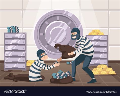 Cartoon Bank Robbery Robbers Steal Money Gold Vector Image