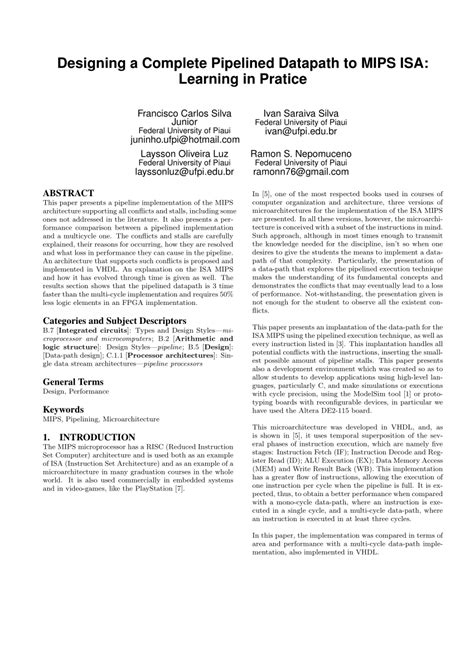 PDF DESIGNING A COMPLETE PIPELINED DATAPATH TO MIPS ISA LEARNING IN PRATICE