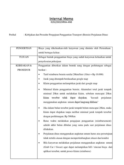Internal Memo Pengajuan Reimburse Bensin Pdf