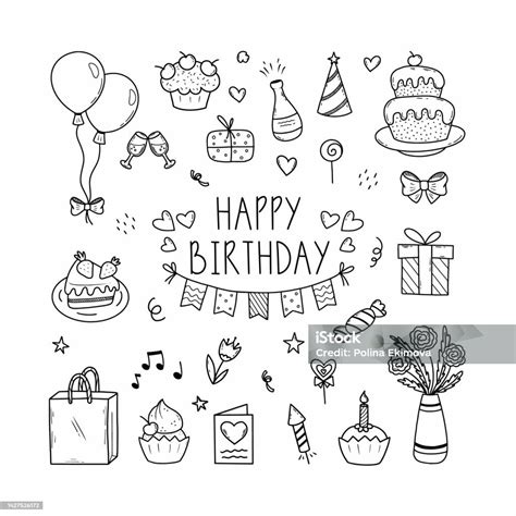 생일 축하해요 장식 엽서에 대한 삽화 세트 낙서 아이콘입니다 요소가있는 축제 컬렉션 생일에 대한 스톡 벡터 아트 및 기타 이미지 생일 낙서 드로잉 캡 Istock